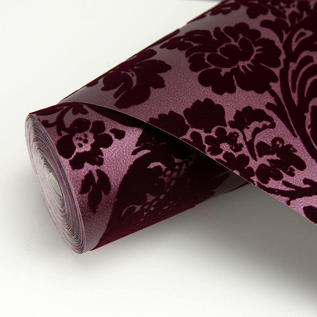 2763-87315 Shadow Merlot Flocked Damask Wallpaper – wallcoveringsmart