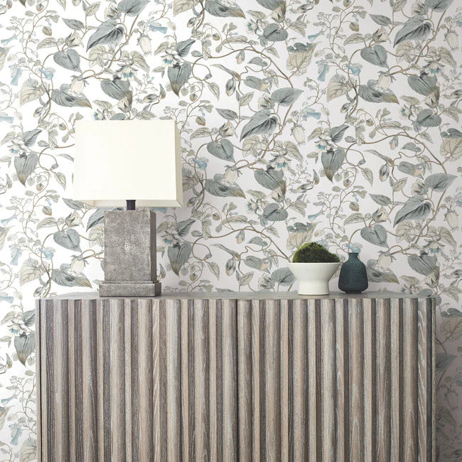 BL1715 Moon Flower White Neutral Blue Wallpaper – wallcoveringsmart