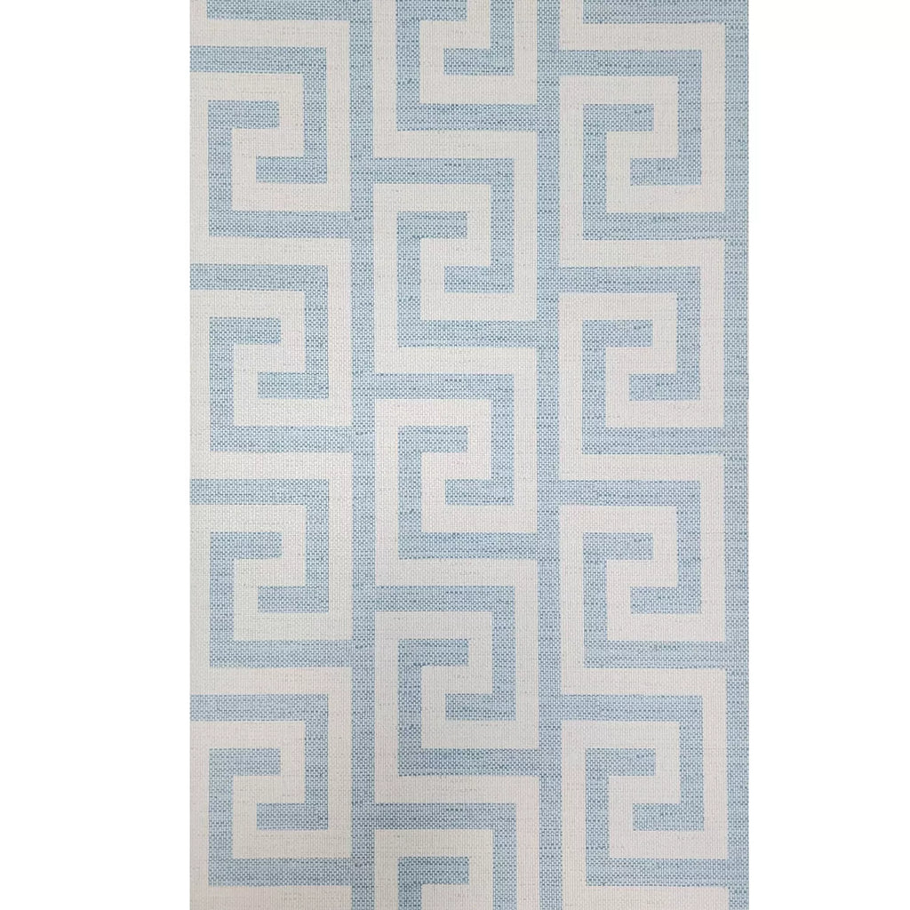LN41202 Blue off white faux weave Woven Raffia fabric Greek key Luna r ...