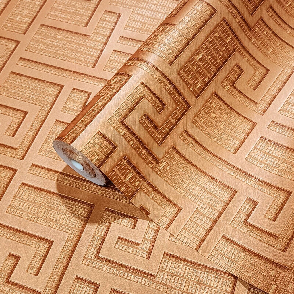 96236-2 Versace Orange Red Copper Metallic Greek Key lines textured Wa ...