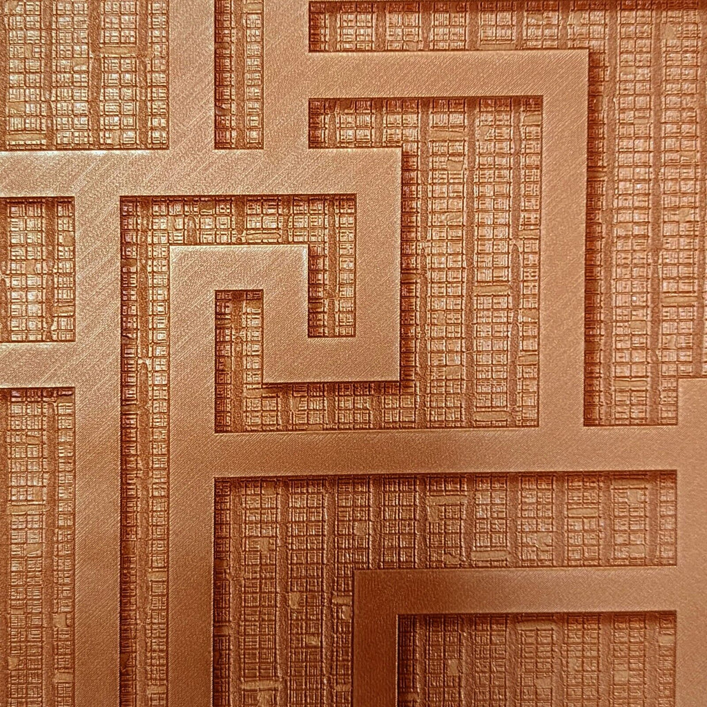 96236-2 Versace Orange Red Copper Metallic Greek Key lines textured Wa ...