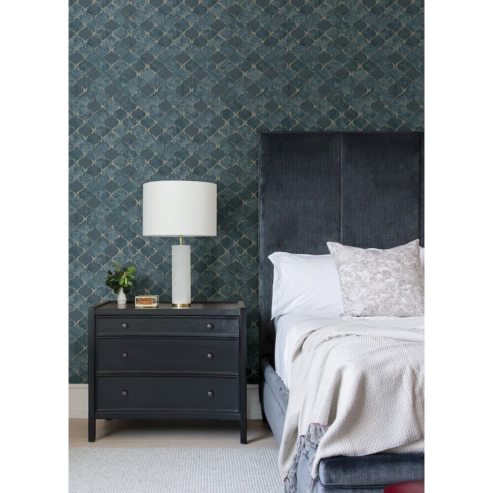 4105-86607 Pilak Matte blue gold metallic ogee diamond trellis distres ...