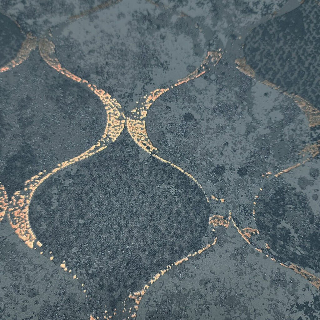 4105-86607 Pilak Matte blue gold metallic ogee diamond trellis distres ...