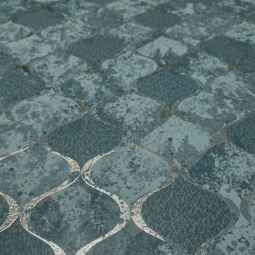 4105-86607 Pilak Matte blue gold metallic ogee diamond trellis distres ...