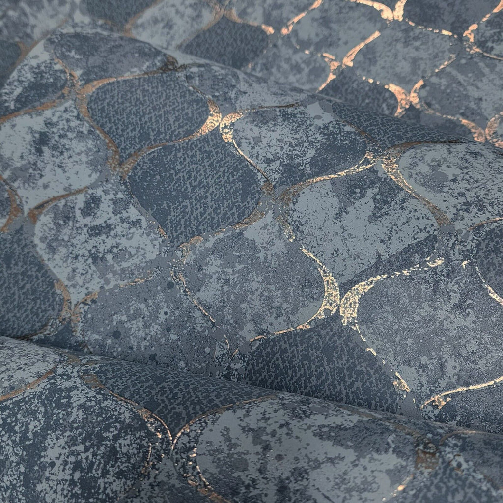 4105-86607 Pilak Matte blue gold metallic ogee diamond trellis distres ...