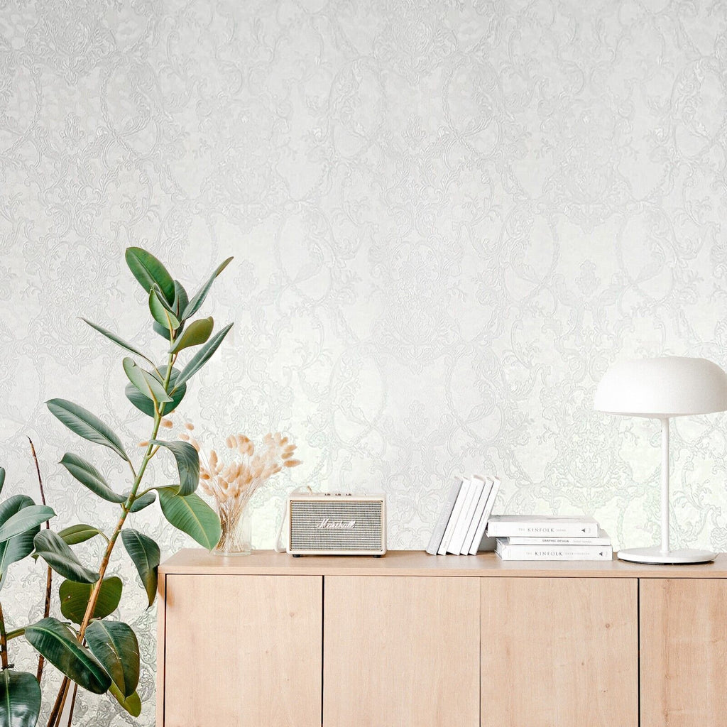 Z80040 Satin white damask Victorian wallpaper faux leopard cheetah ski ...