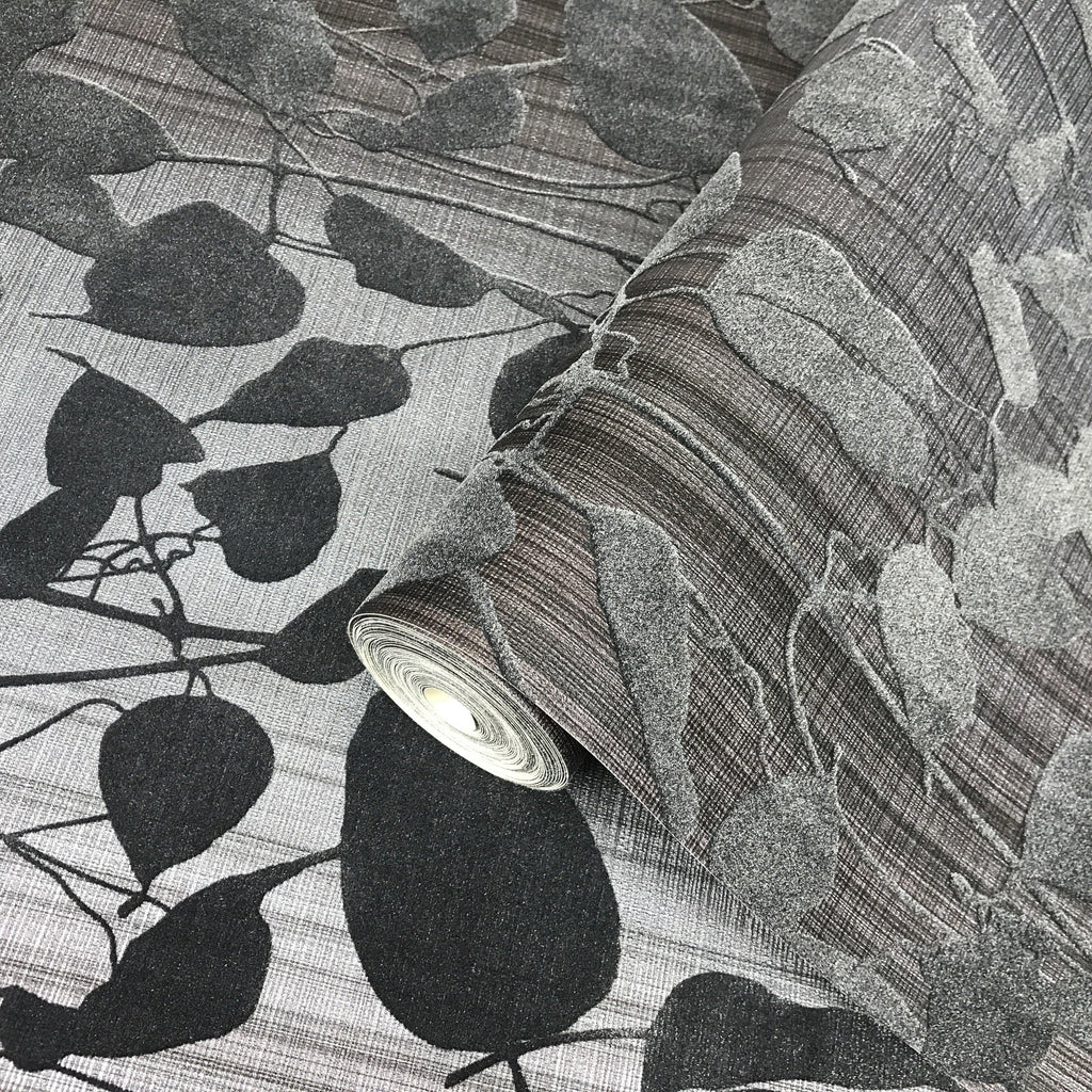 135056 Velvet Gray Flock Charcoal Black Leaf Flocked Wallpaper ...