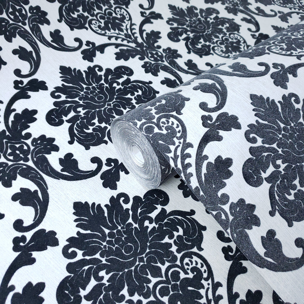 195019 Wallpaper flocking black white silver metallic Flocked vintage ...