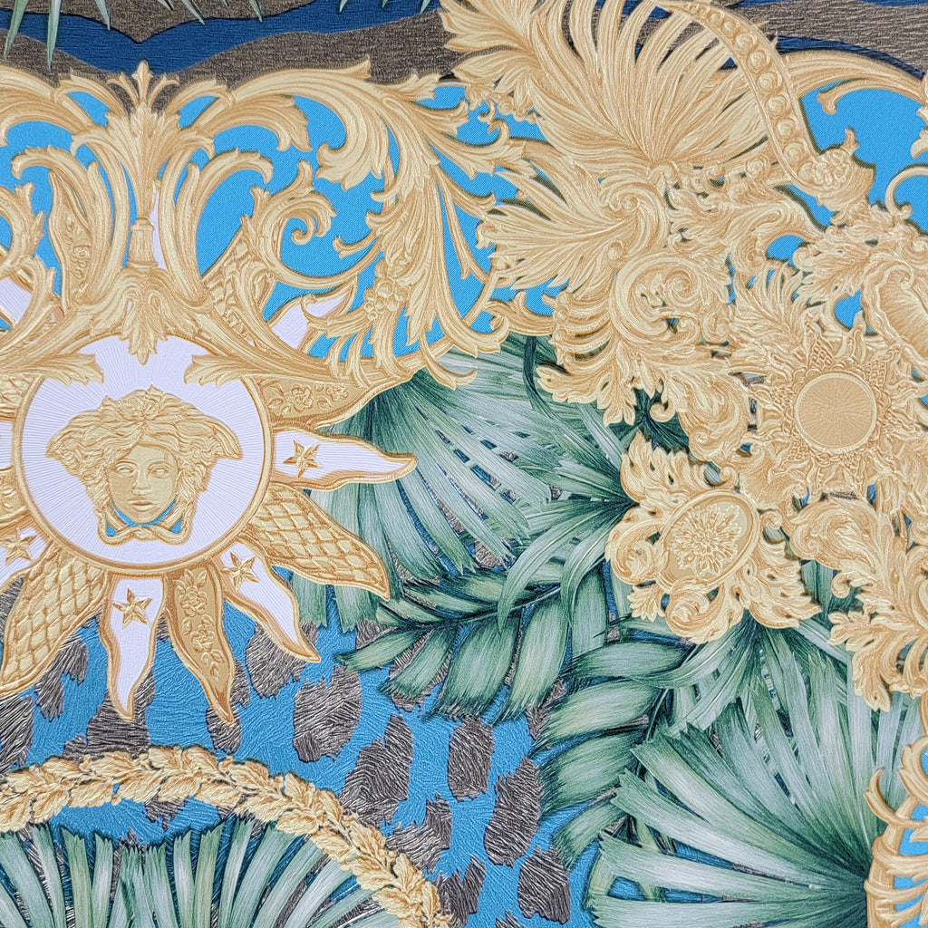38703-2 Versace Teal Tropical Palm Leaf Gold Blue Wallpaper ...