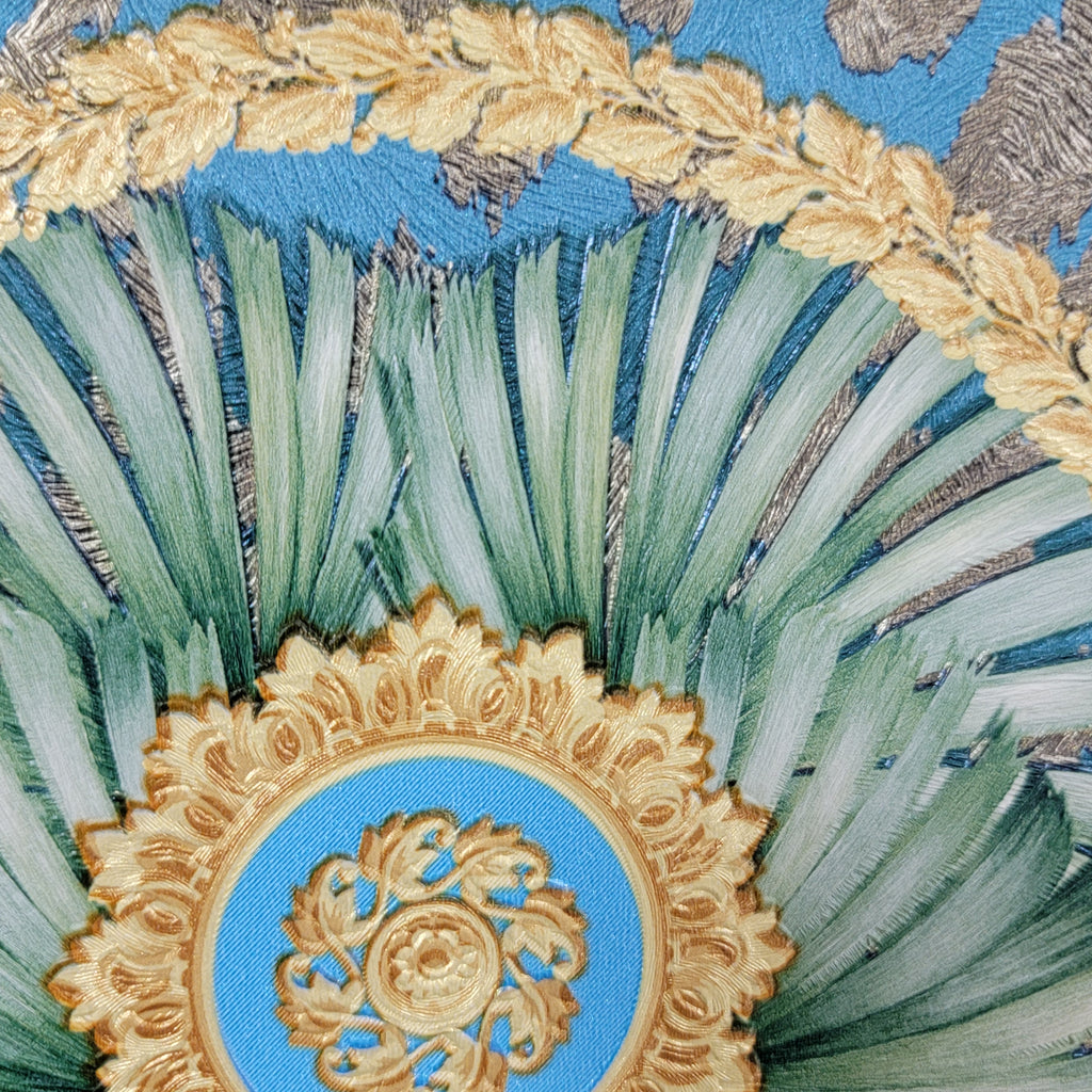 38703-2 Versace Teal Tropical Palm Leaf Gold Blue Wallpaper ...