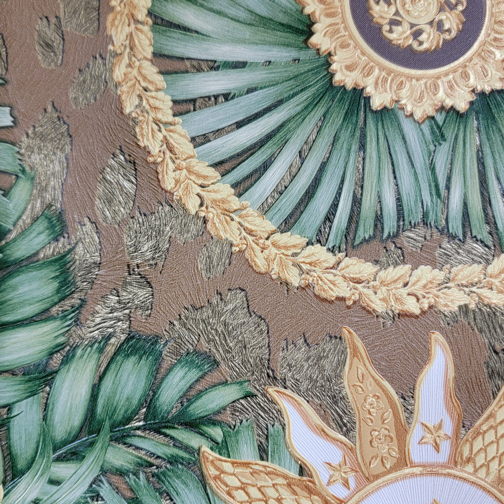 38703-3 Versace Brown Olive Tropical Palm Leaf Green Gold Wallpaper ...
