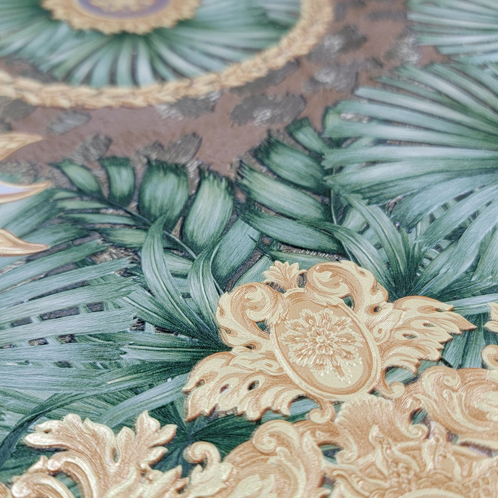 38703-3 Versace Brown Olive Tropical Palm Leaf Green Gold Wallpaper ...