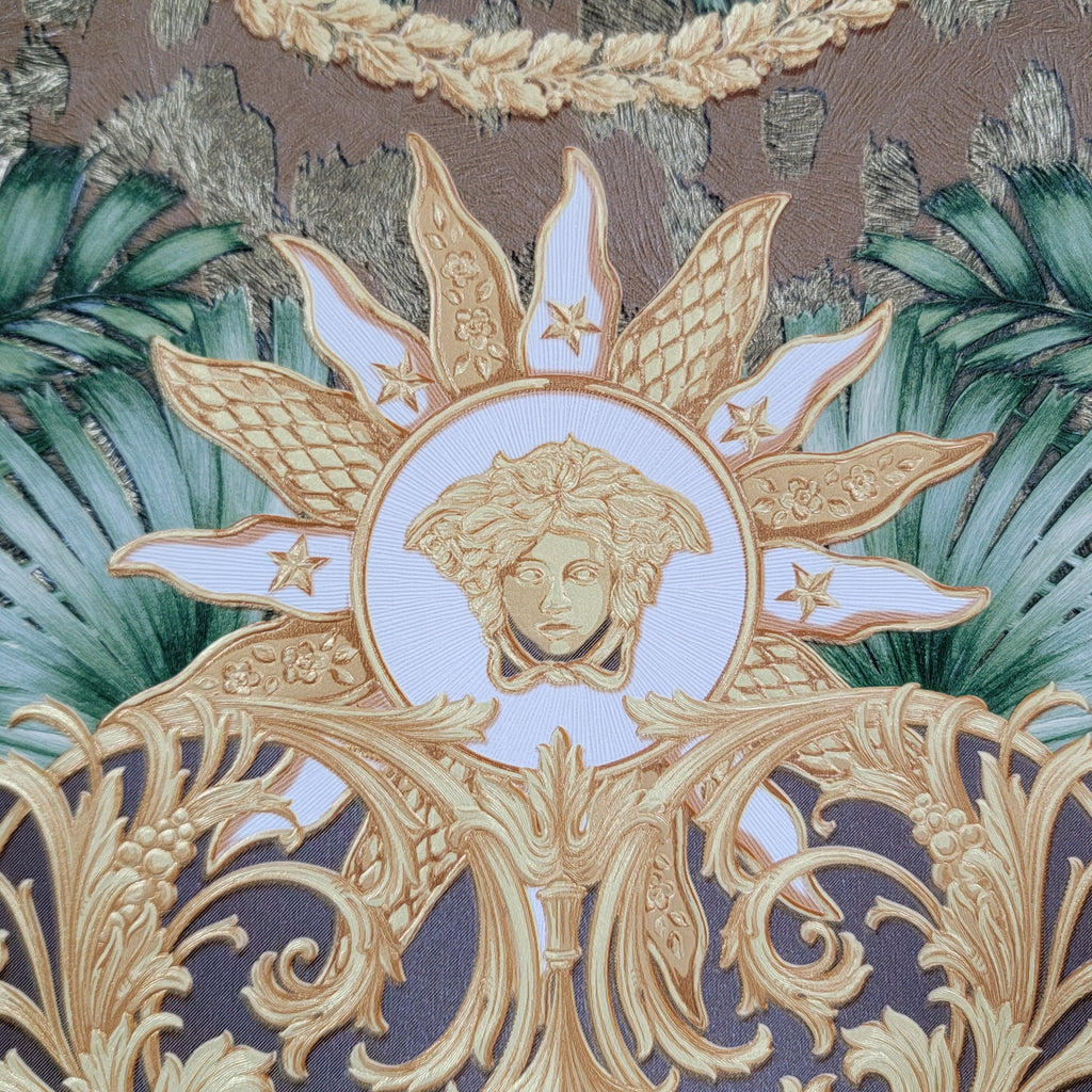 38703-3 Versace Brown Olive Tropical Palm Leaf Green Gold Wallpaper ...