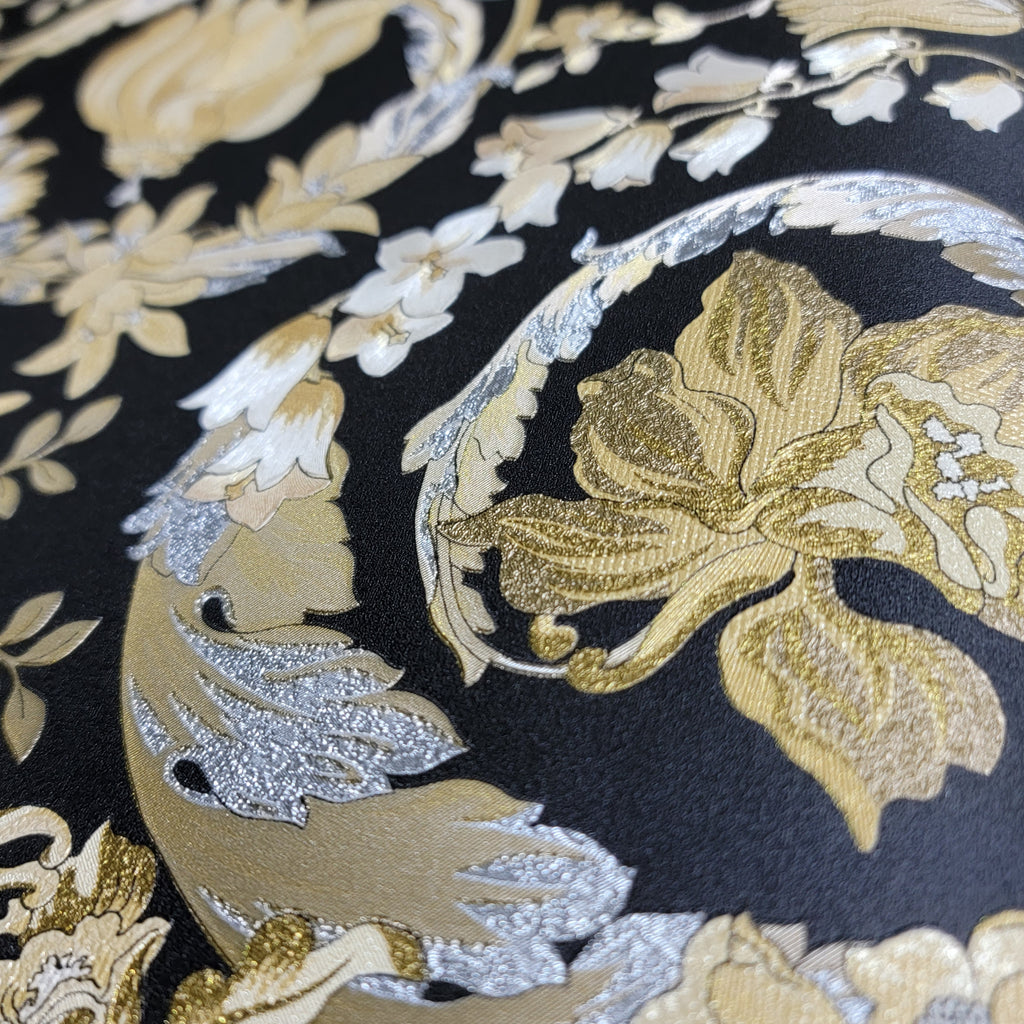 38706-5 Floral Barocco Black Gold Silver Metallic Textured Versace Wal ...