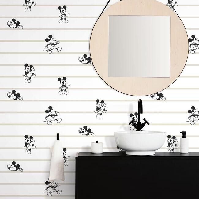 DI0932 York Disney Mickey Mouse Stripe Unpasted Neutral Wallpaper ...