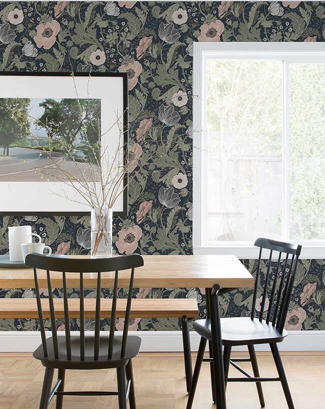 4080-44103 Anemone Navy Floral Botanical Wallpaper – wallcoveringsmart