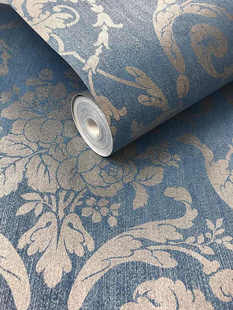 305009 Victorian Blue Silver Metallic floral Wallpaper – wallcoveringsmart