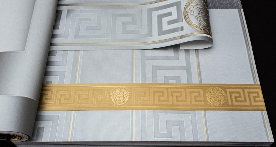 93522-5 Medusa Greek Key Silver Gold Versace Border – wallcoveringsmart