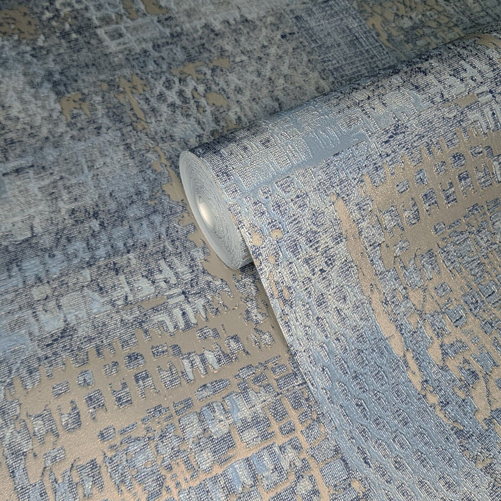 Z44958 Abstract Modern Embossed blue gray gold metallic faux fabric te ...