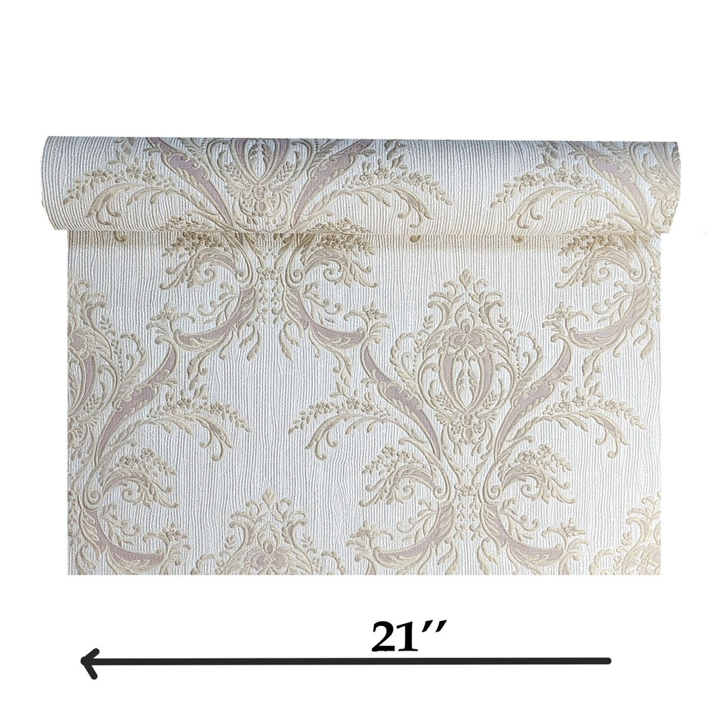 M50037 Beige cream copper gold metallic Victorian damask faux fabric t ...
