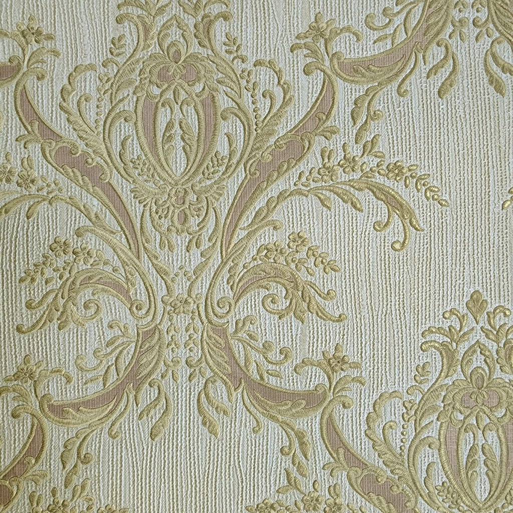 M50037 Beige cream copper gold metallic Victorian damask faux fabric t ...