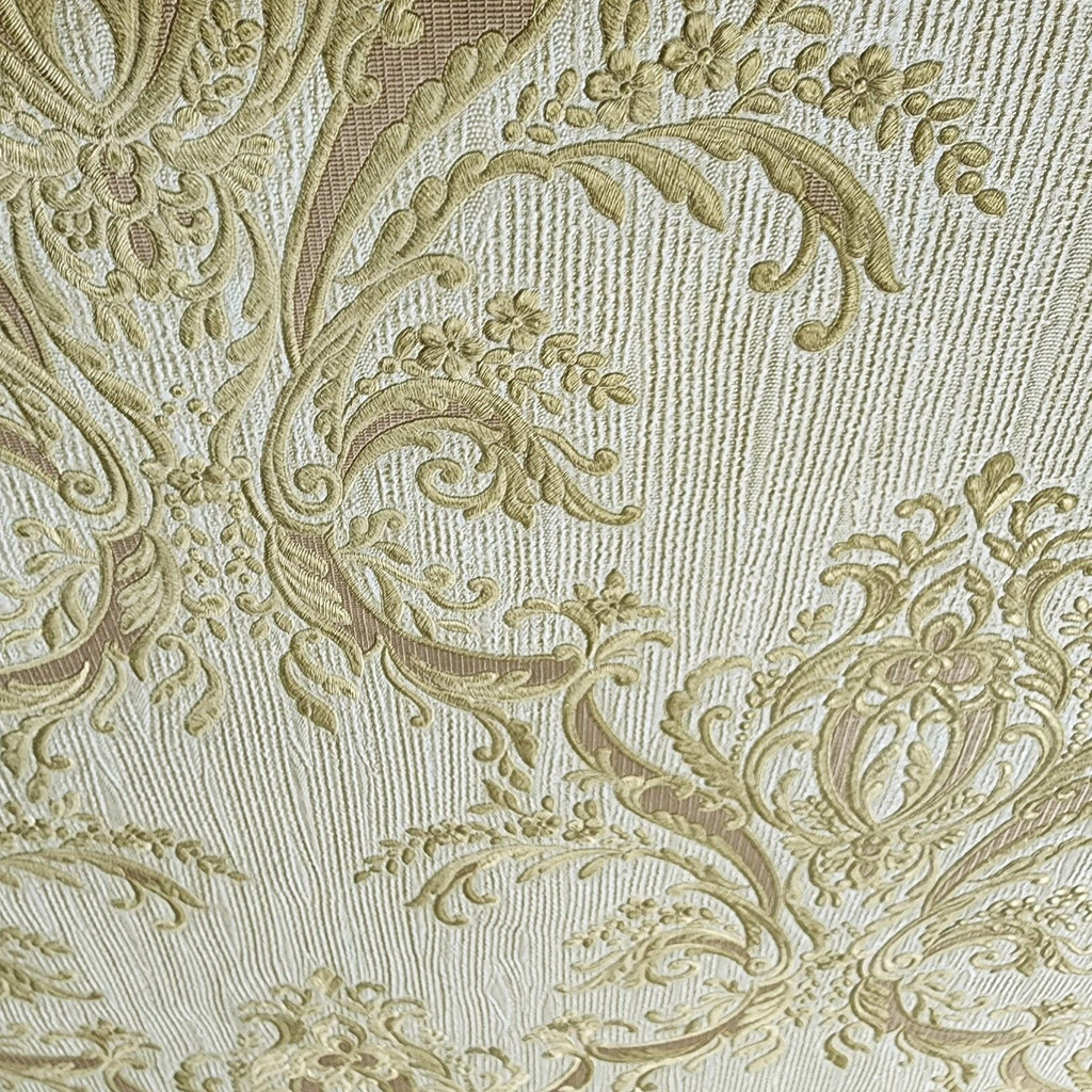 M50037 Beige cream copper gold metallic Victorian damask faux fabric t ...