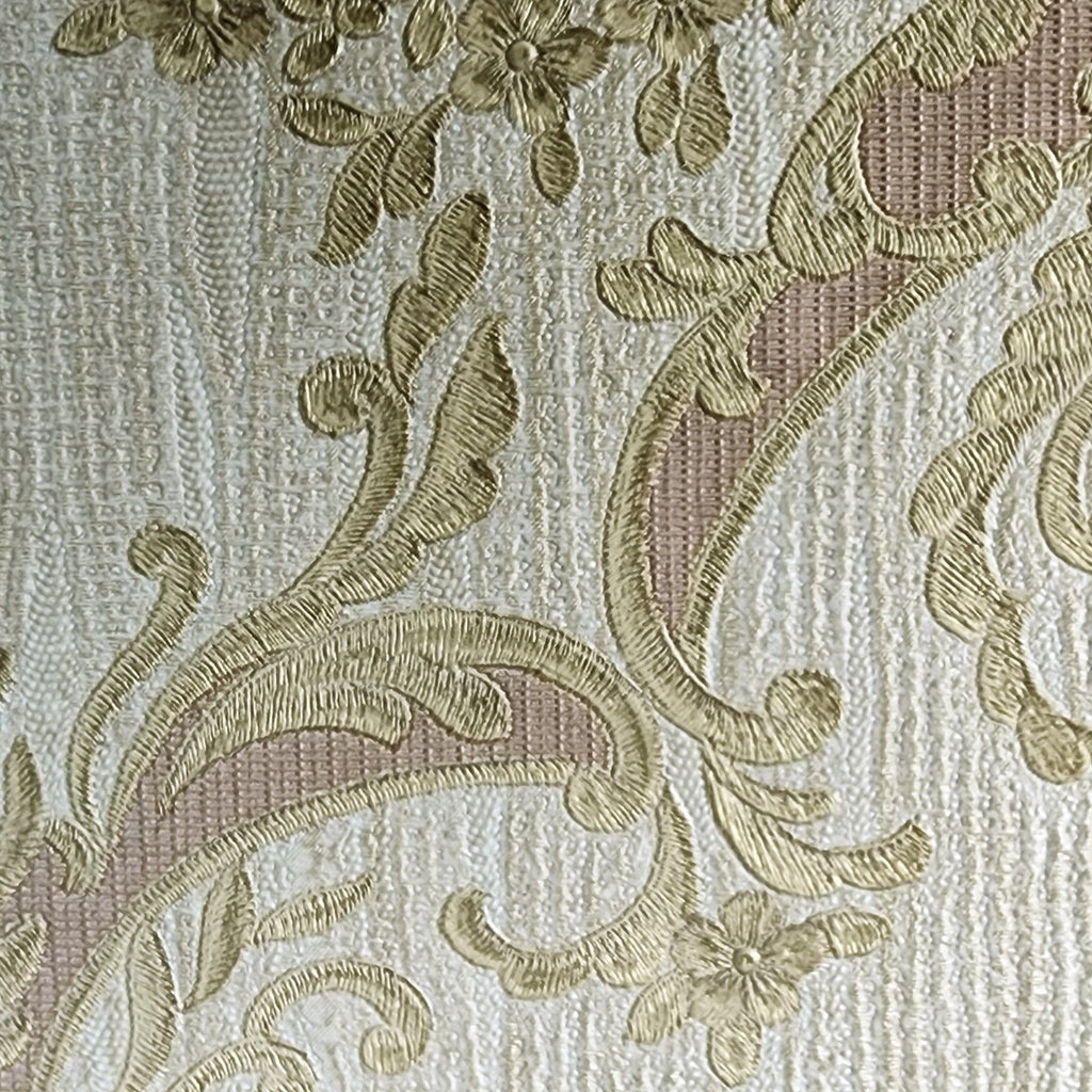 M50037 Beige cream copper gold metallic Victorian damask faux fabric t ...