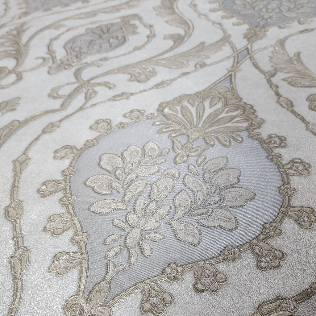 Z47031 Embossed Victorian ivory gray gold metallic ogee damask texture ...