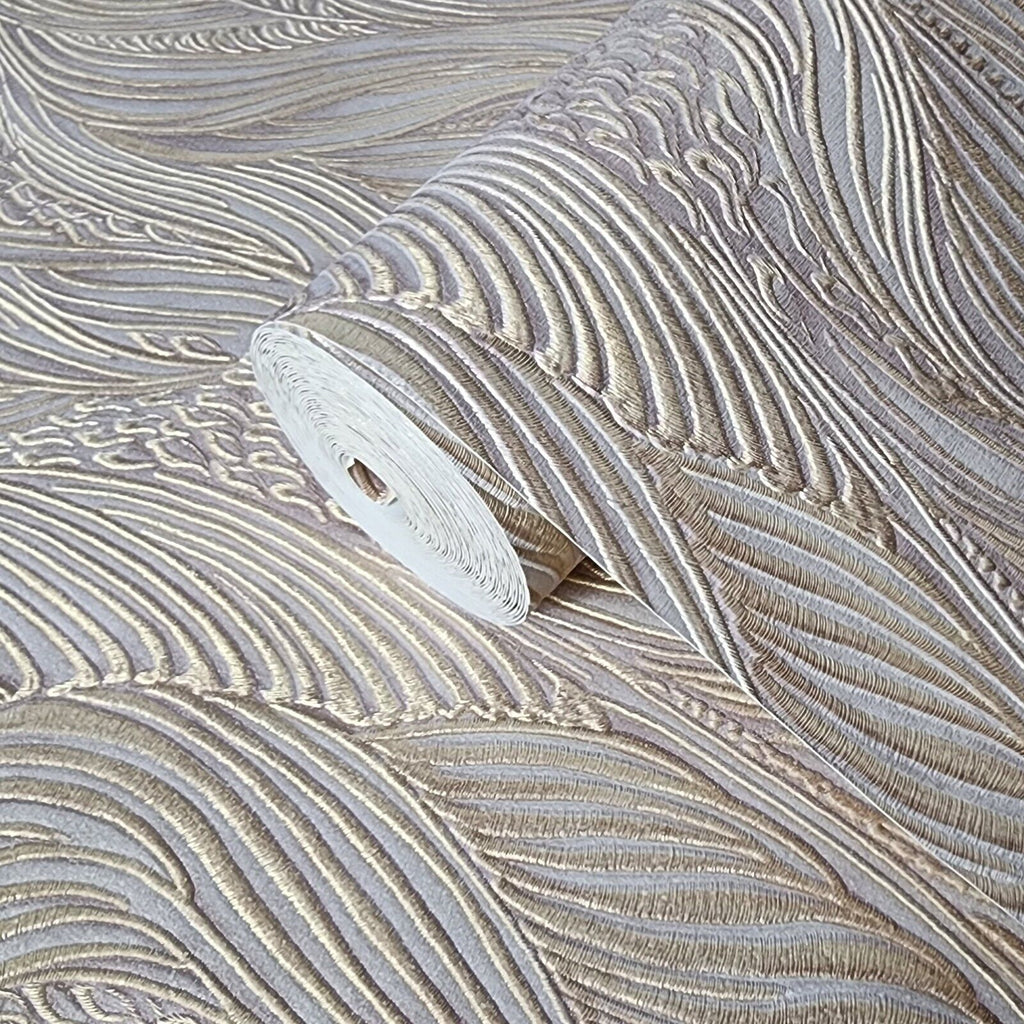 Z47015 Embossed gold silver metallic heavy textured wave lines faux fa ...