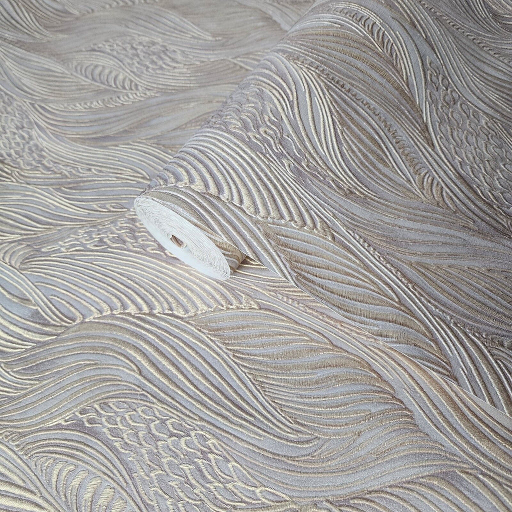 Z47015 Embossed gold silver metallic heavy textured wave lines faux fa ...