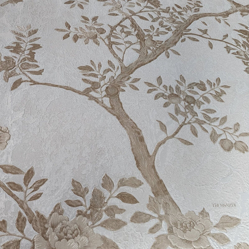 Z3448 Floral ivory pearl off white gold metallic apple trees birds tex ...