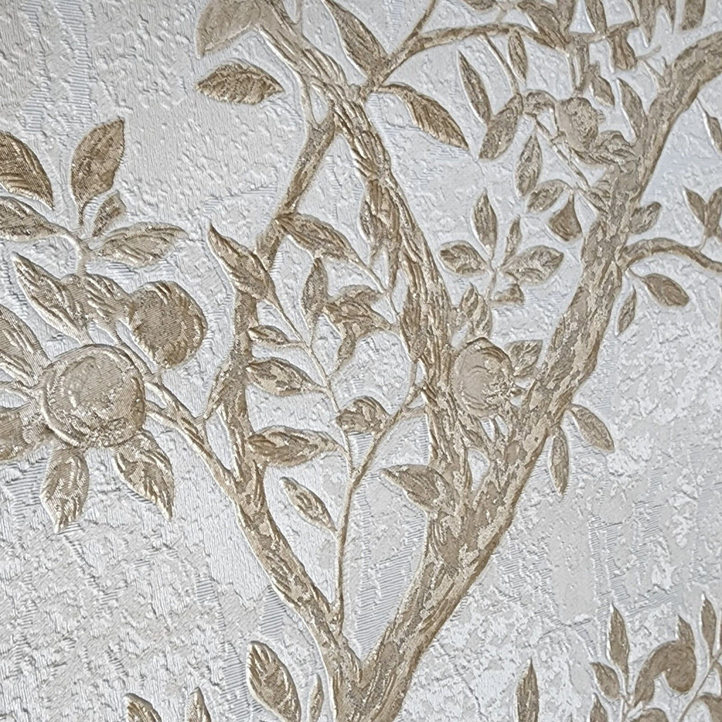 Z3448 Floral ivory pearl off white gold metallic apple trees birds tex ...