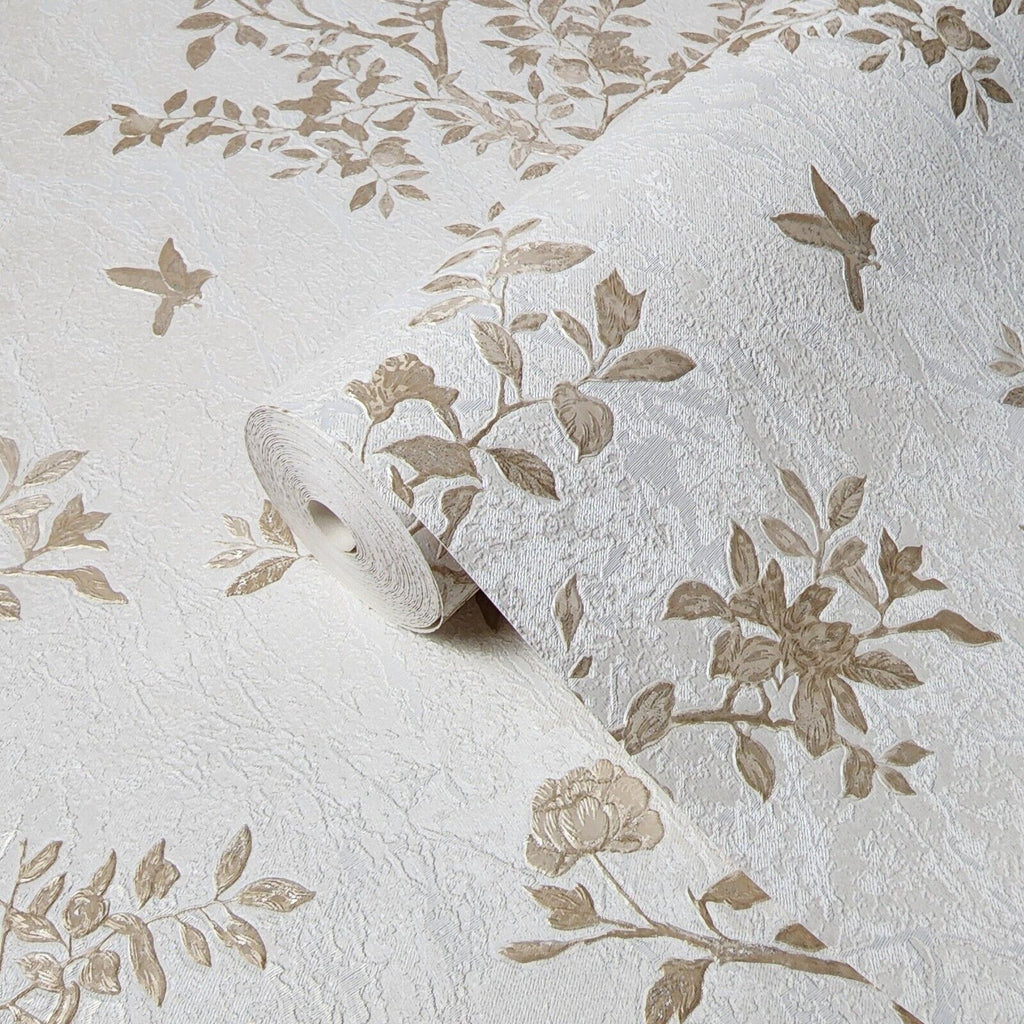 Z3448 Floral ivory pearl off white gold metallic apple trees birds tex ...