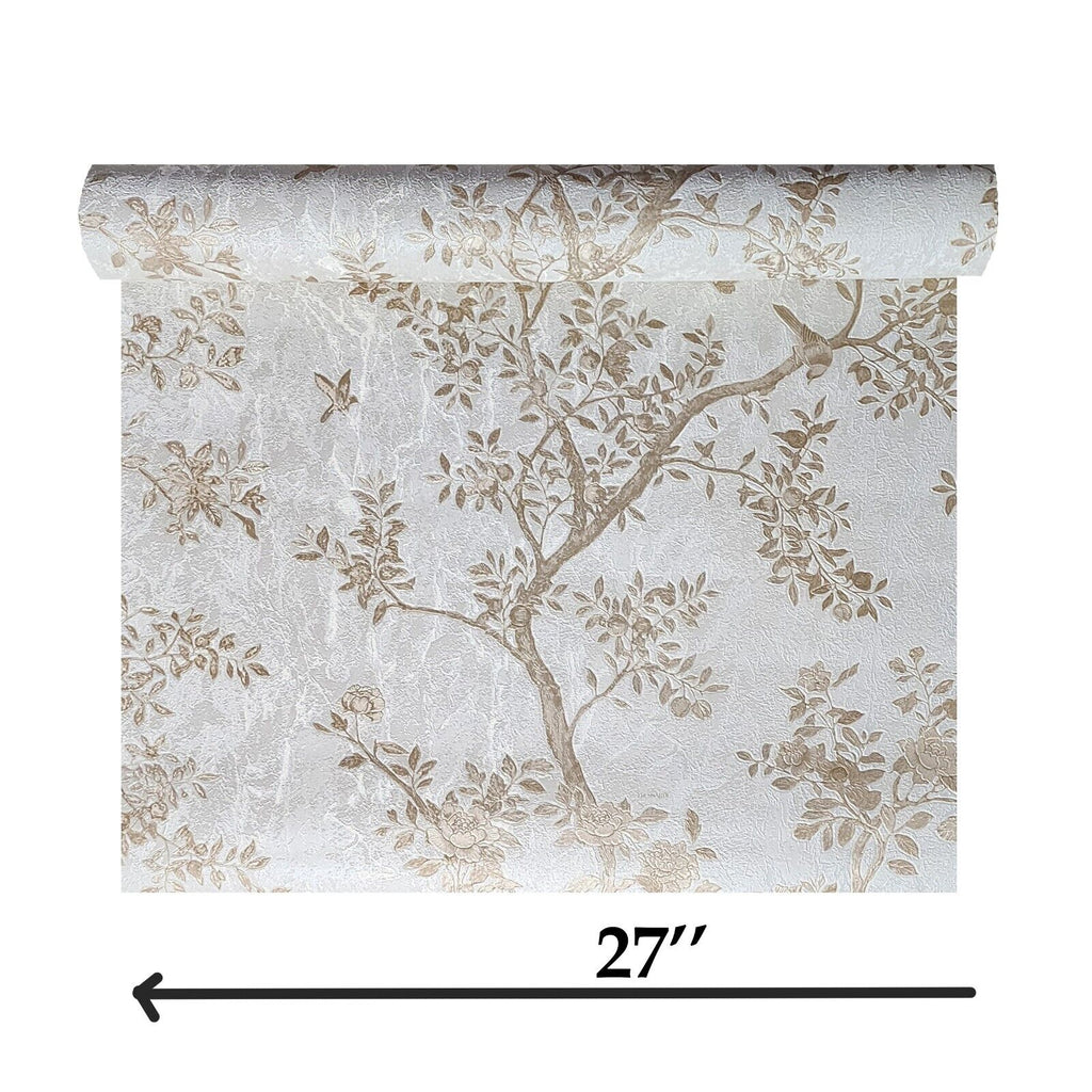 Z3448 Floral ivory pearl off white gold metallic apple trees birds tex ...