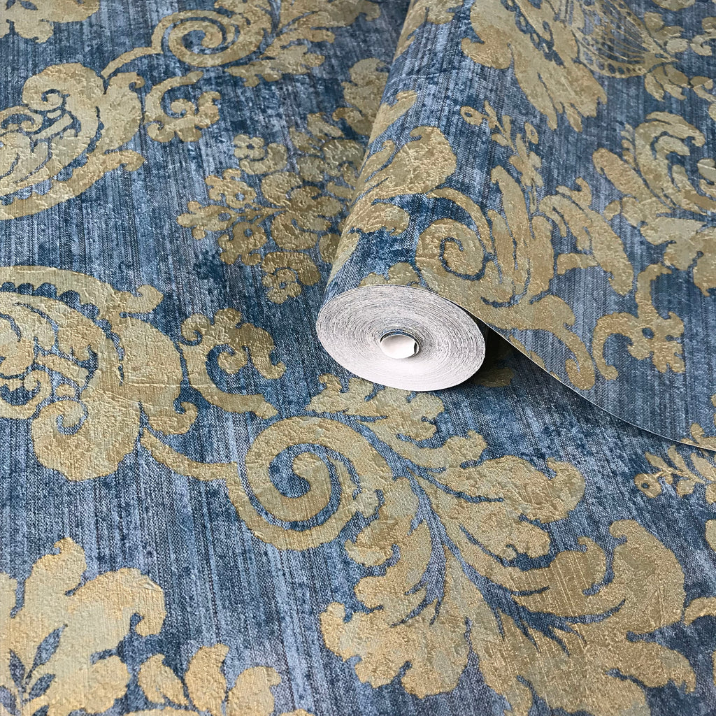 75902 Blue Gold Damask Metallic Wallpaper faux plaster textured ...