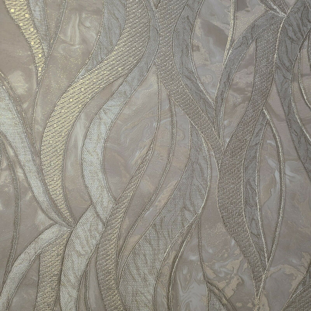 M25029 Gray Taupe tan metallic textured wave lines faux fabric Wallpap ...