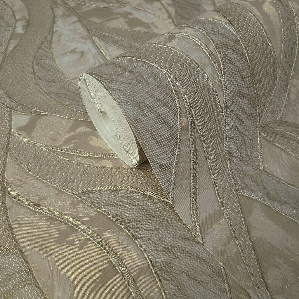 M25029 Gray Taupe tan metallic textured wave lines faux fabric Wallpap ...