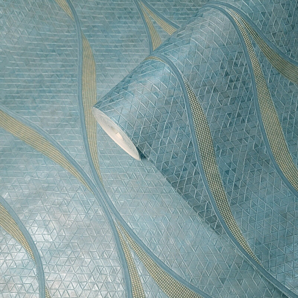 M50010 Modern Blue yellow brass metallic tiles wavy lines textured wav ...