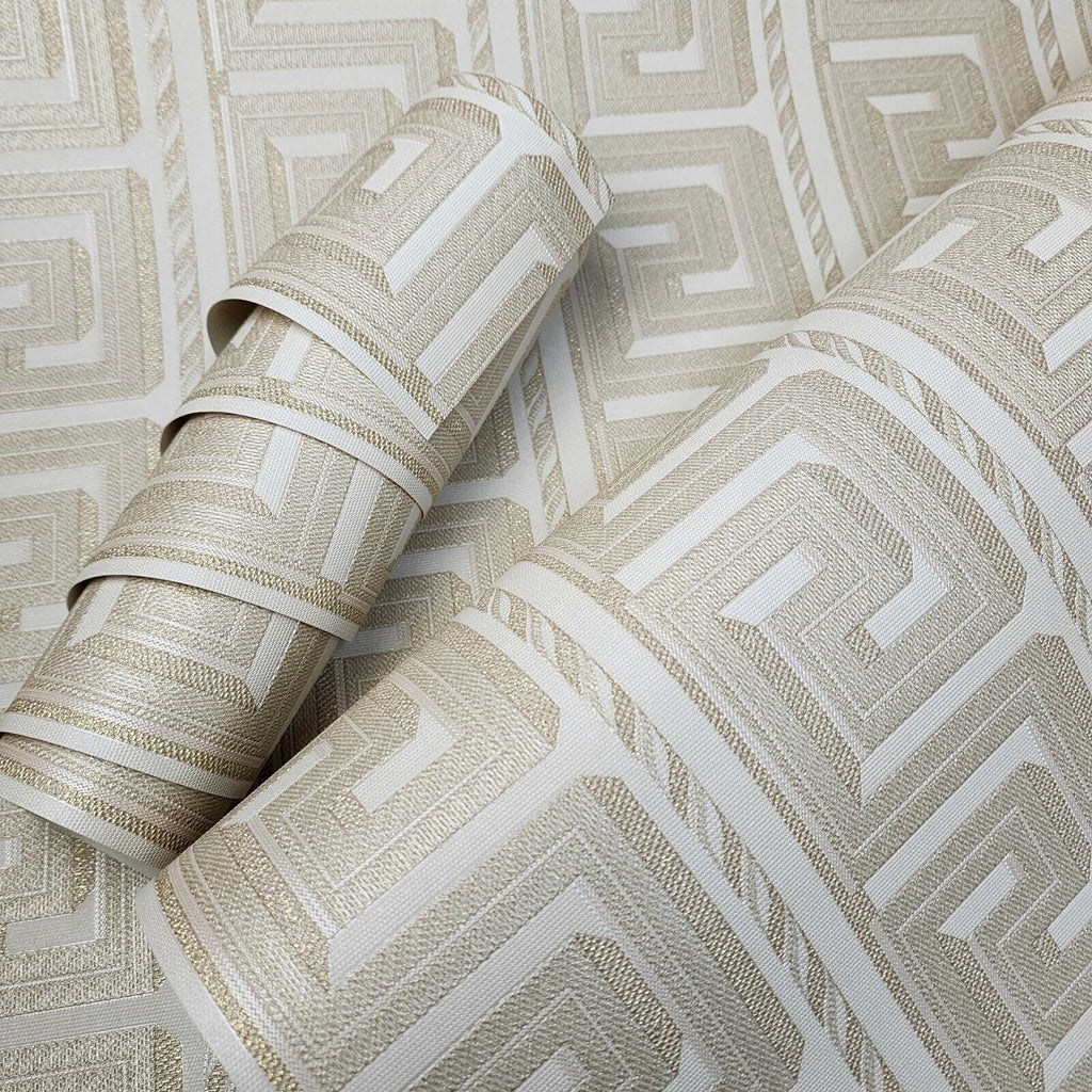 M5277B, M5277 Striped greek key Beige Tan faux fabric textured Wallpap ...