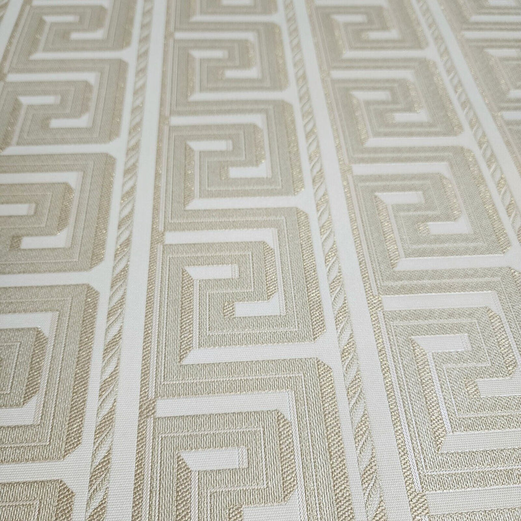 M5277B, M5277 Striped greek key Beige Tan faux fabric textured Wallpap ...