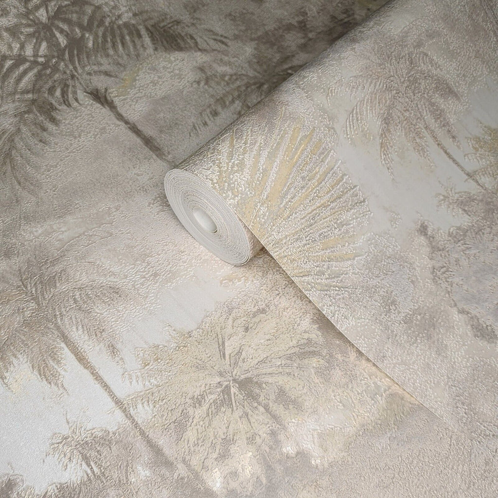 Z44906 Tan gold metallic floral tropical palm leaves faux concrete tex ...