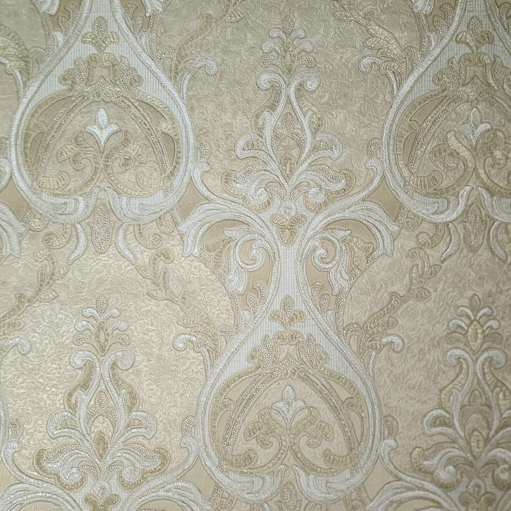M25012 Victorian Sand tan cream gold metallic gray ogee damask texture ...