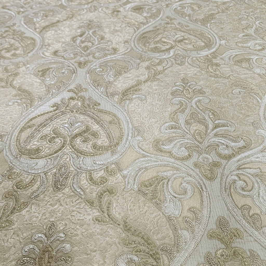 M25012 Victorian Sand tan cream gold metallic gray ogee damask texture ...