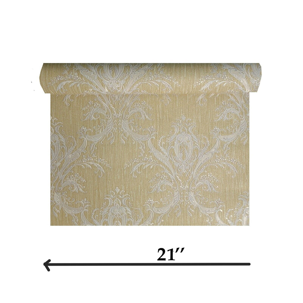 M50027 Victorian Wallpaper Yellow ivory gold metallic damask faux fabr ...