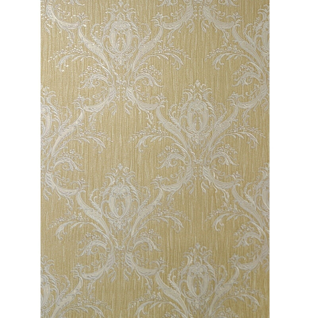 M50027 Victorian Wallpaper Yellow ivory gold metallic damask faux fabr ...