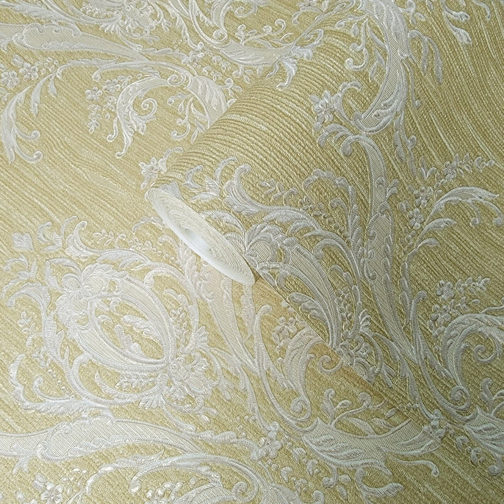 M50027 Victorian Wallpaper Yellow ivory gold metallic damask faux fabr ...