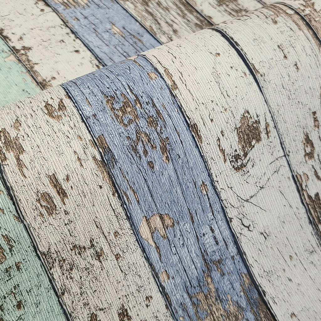 WM95914101 Distressed white blue faux wood planks 3D Wallpaper ...
