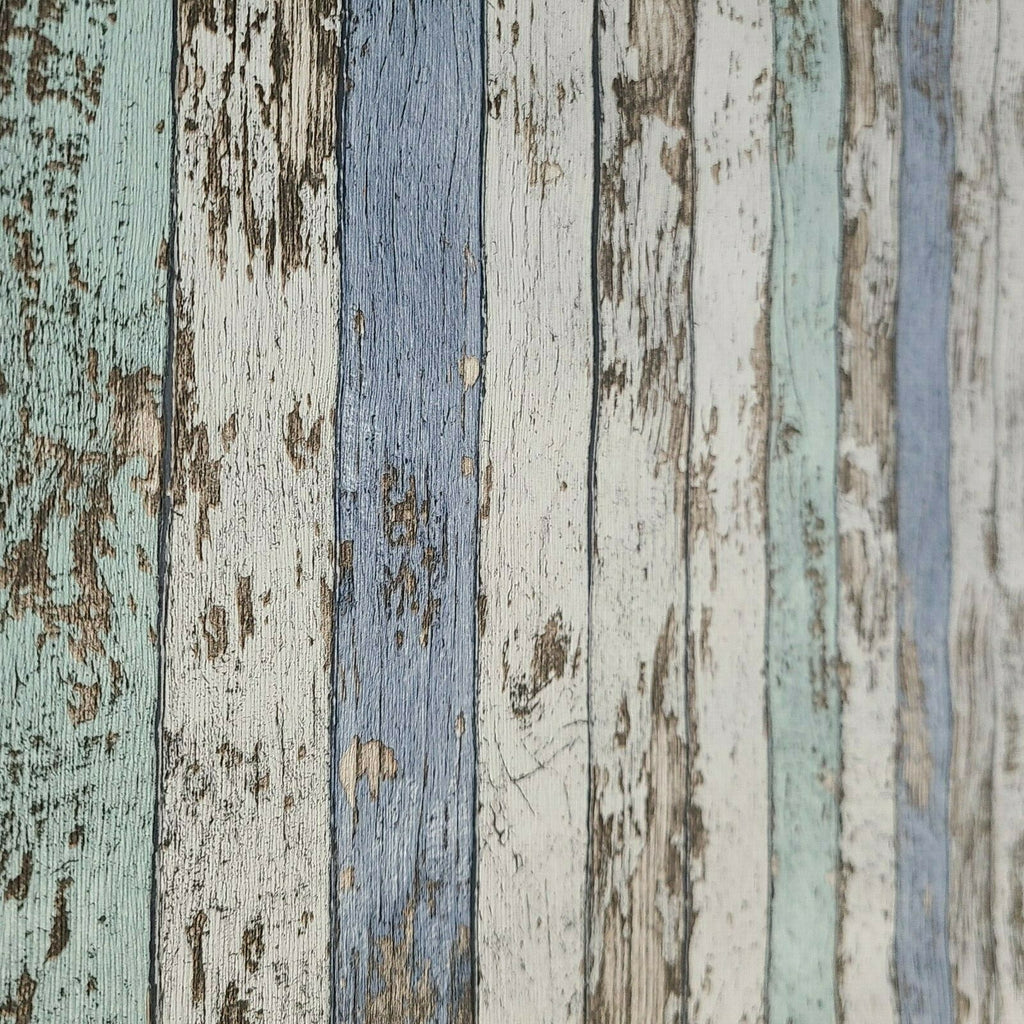 WM95914101 Distressed white blue faux wood planks 3D Wallpaper ...