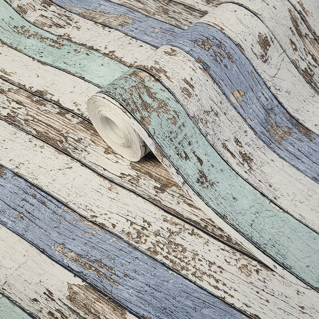 WM95914101 Distressed white blue faux wood planks 3D Wallpaper ...
