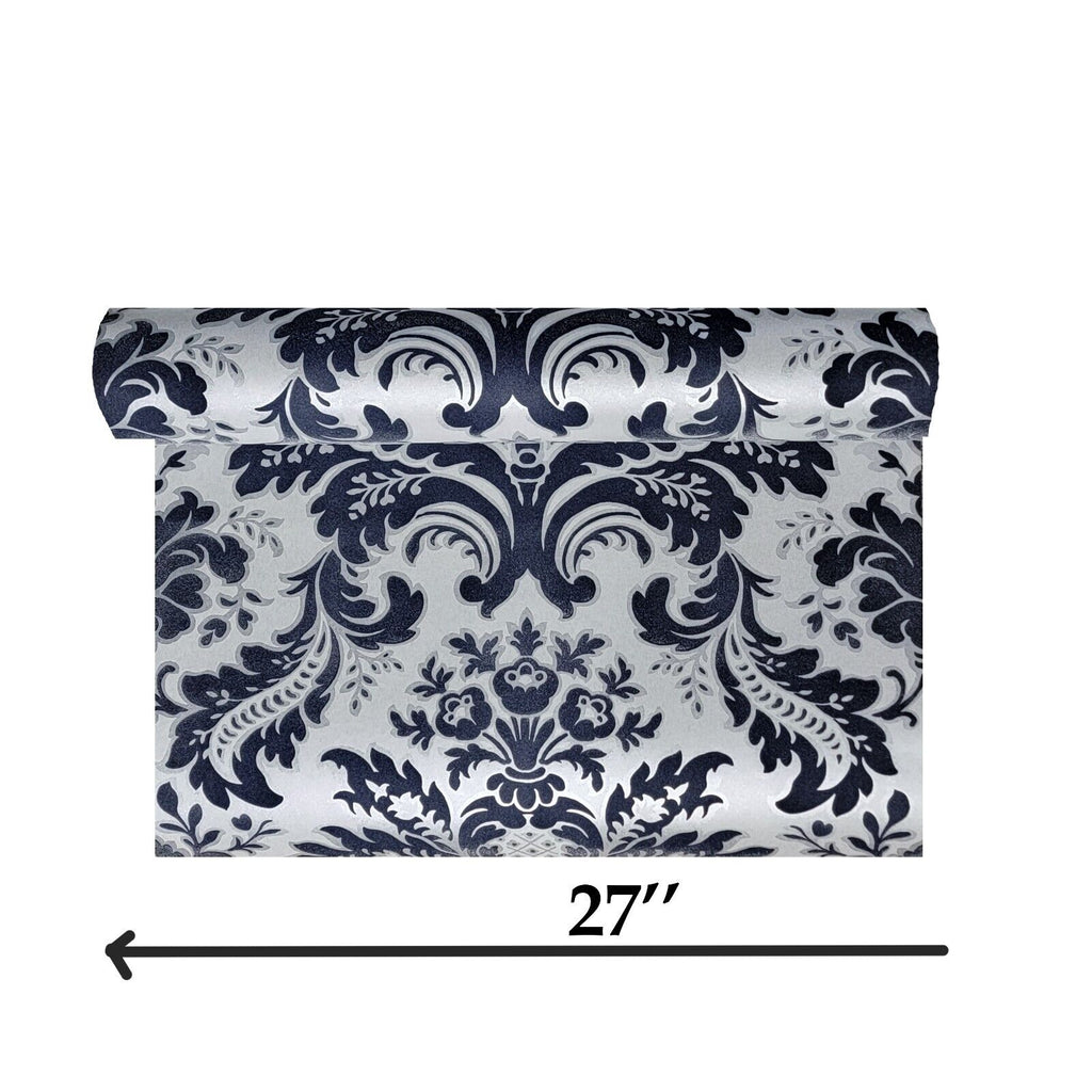 700011 Wallpaper flocking navy blue silver gray metallic damask velvet – wallcoveringsmart